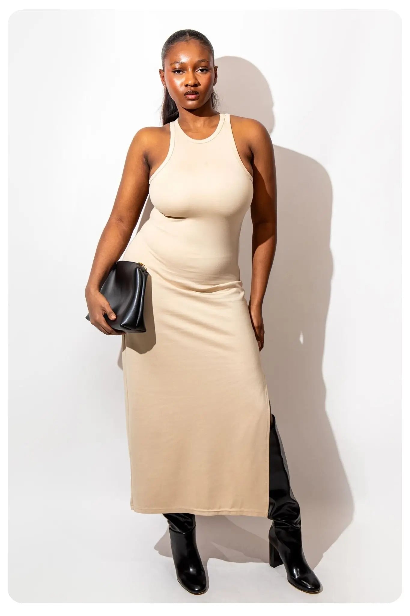 Luxury Racer Midi Dress Warm Sand | FullerBustBestie Collab | FEMSS